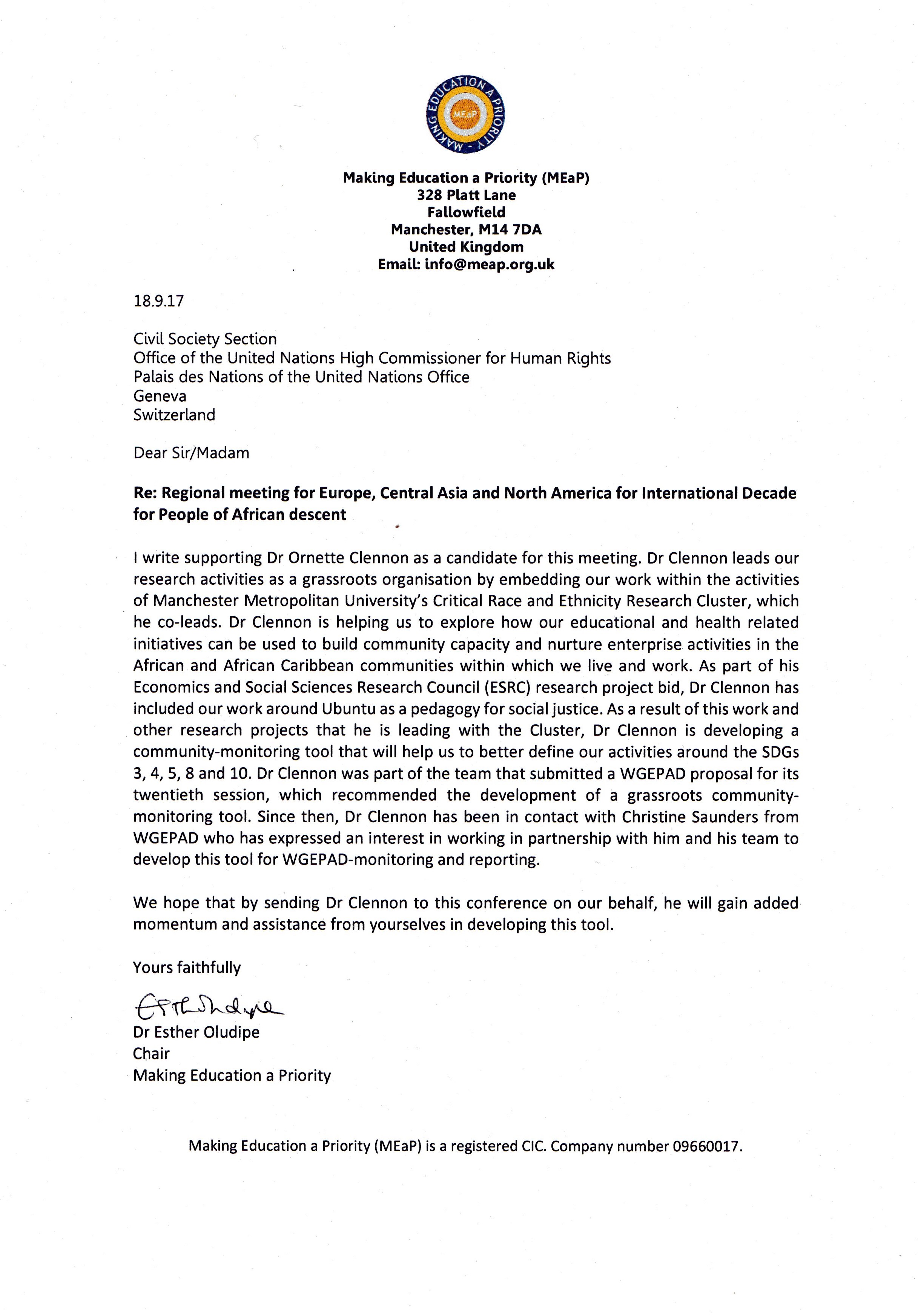 UN Letter – Academic Creative Enterprise